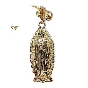 Gold Plated Virgin Mary Pendant Necklace Figaro 26" Virgen de Guadalupe Medalla Oro Laminado