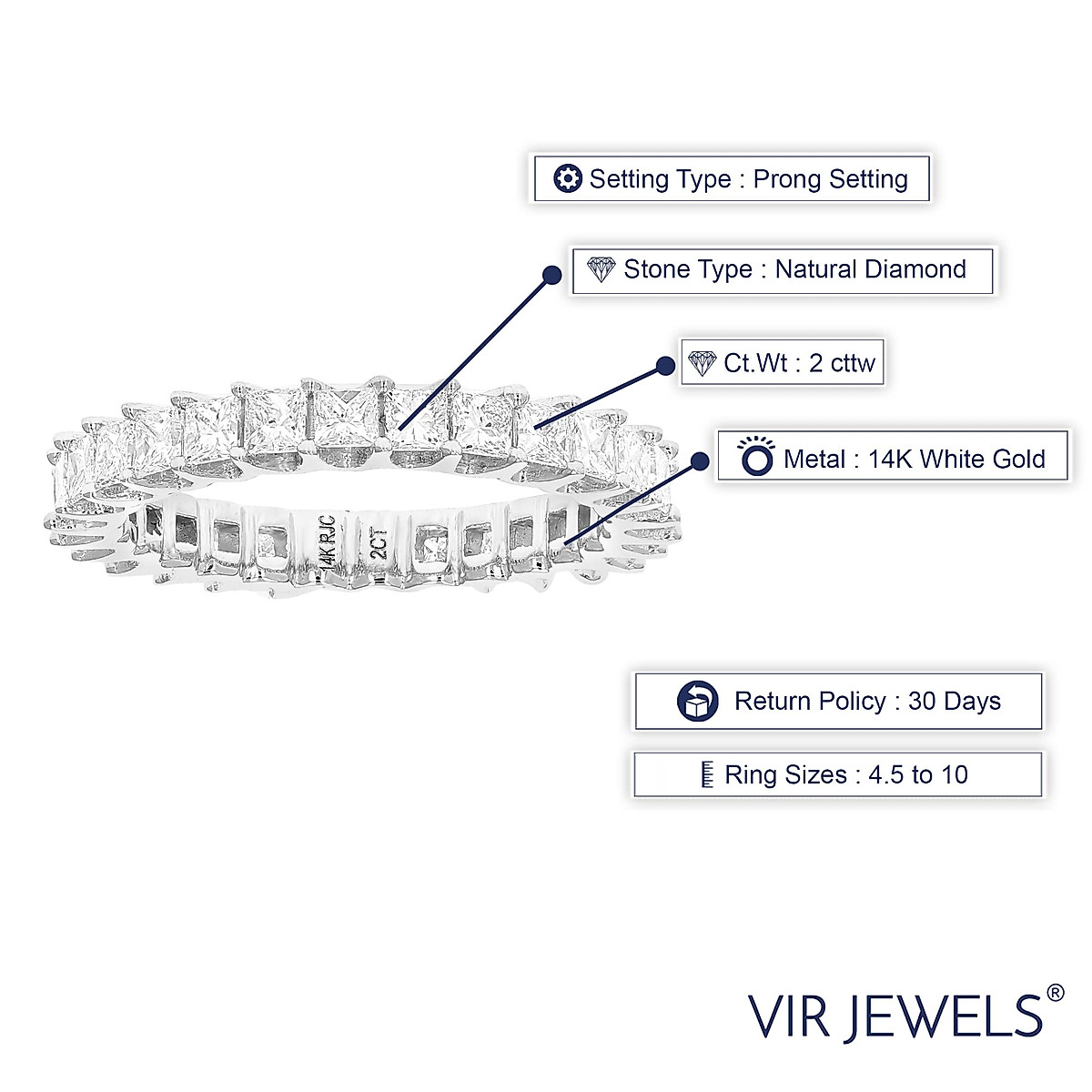 Vir Jewels 2 cttw Diamond Eternity Ring for Women, Princess Cut Diamond Wedding Band in 14K White Gold Prong Set, Size 6