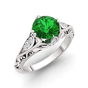 Diamondere Natural and Certified Emerald and Diamond Engagement Ring in 14K White Gold | 1.23 Carat Vintage Inspired Ring for Women, US Size 8