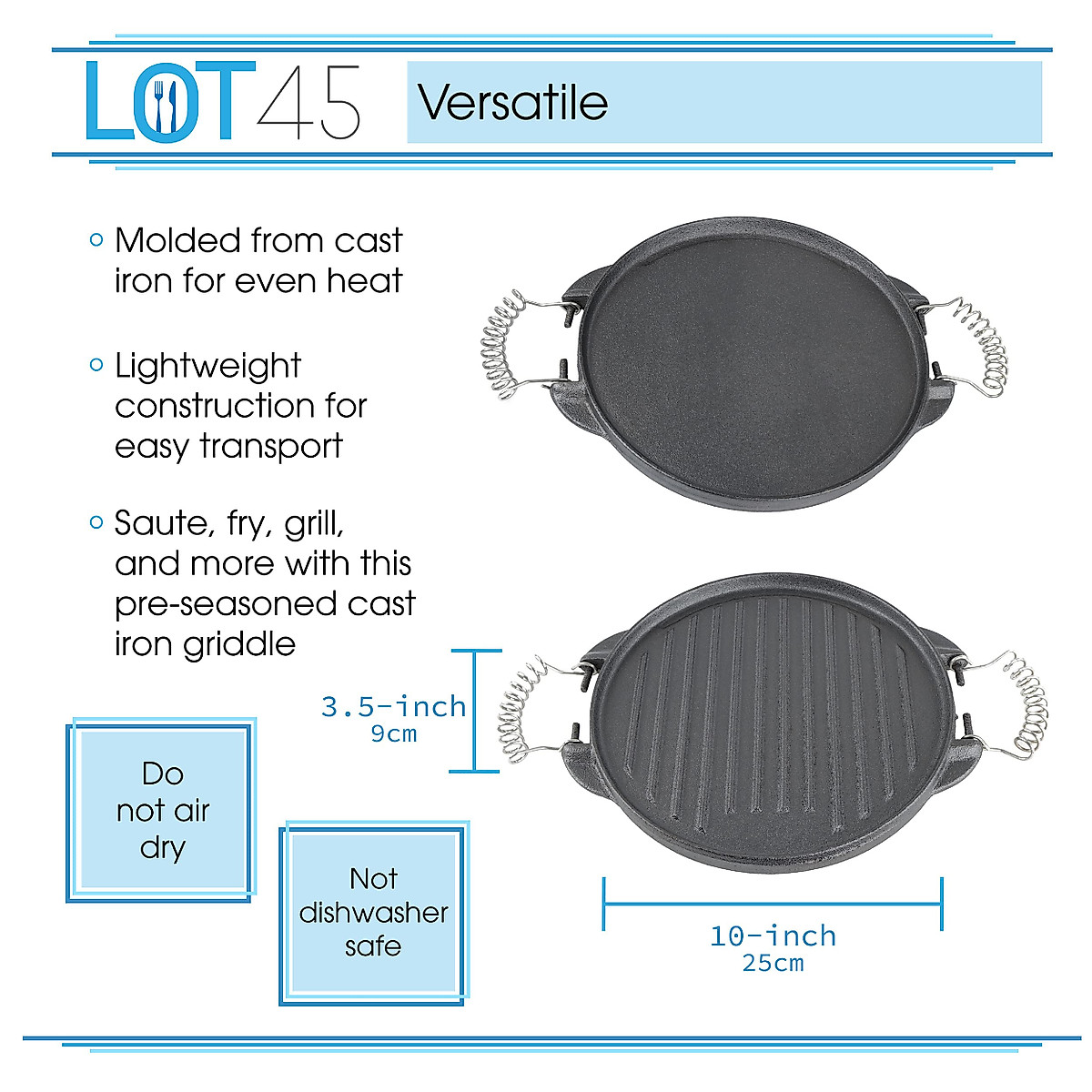 Lot45 Cast Iron Grill Pan, 10in - Cast Iron Grill Pans for Stove Tops, Grilling Cookware Dual-Sided Griddle for Camping