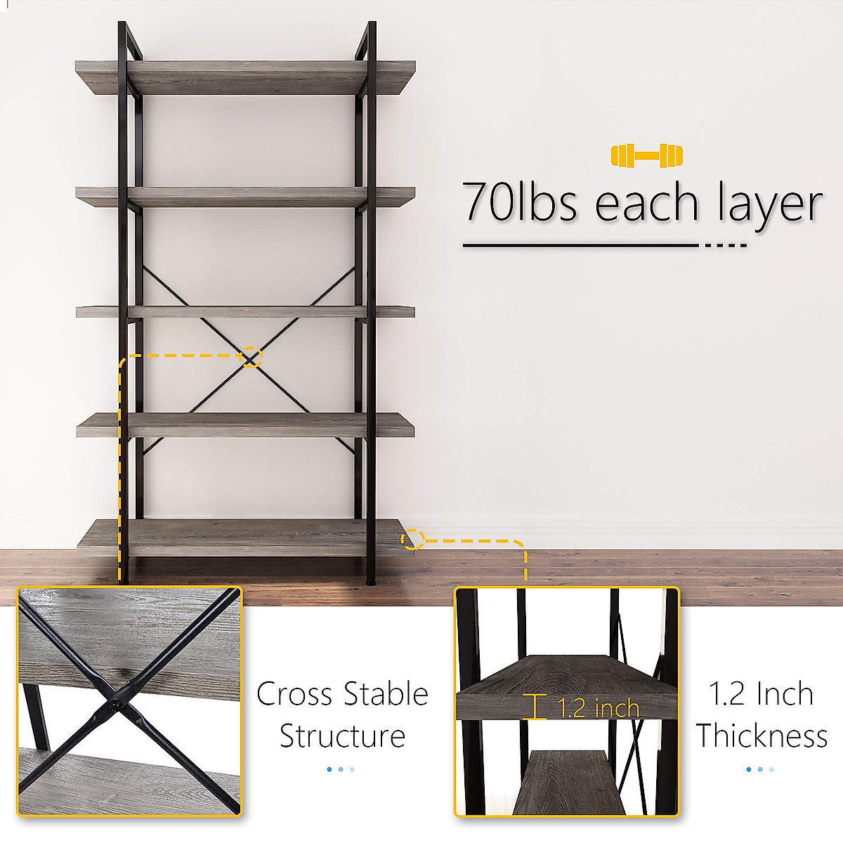 45MinST 5-Tier Vintage Industrial Style Bookcase/Metal and Wood Bookshelf Furniture for Collection, Gray Oak, 3/4/5 Tier (5-Tier)