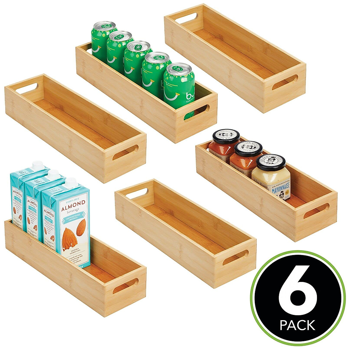 mDesign Slim Bamboo Kitchen Cabinet & Fridge Drawer Organizer Tray - Storage Bin for Cutlery, Serving Spoons, Cooking Utensils, Gadgets - 4.6 inches Wide - 6 Pack - Natural Wood Finish