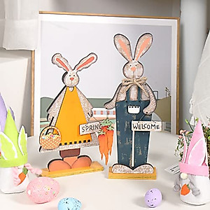 SY Super Bang 2pcs Retro Bunny Easter Wooden Decorations, Rustic Rabbit Tabletop Decor for Centerpiece Home Farmhouse Party Spring Summer Holiday.