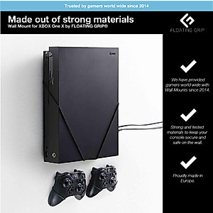 Xbox One X Wall Mount by FLOATING GRIP - Mounting Kit for Hanging Gaming Consoles - Strong & Slim Ropes - Easy-to-Install System (Bundle: Fits Xbox One X + x2 Controllers, Black)
