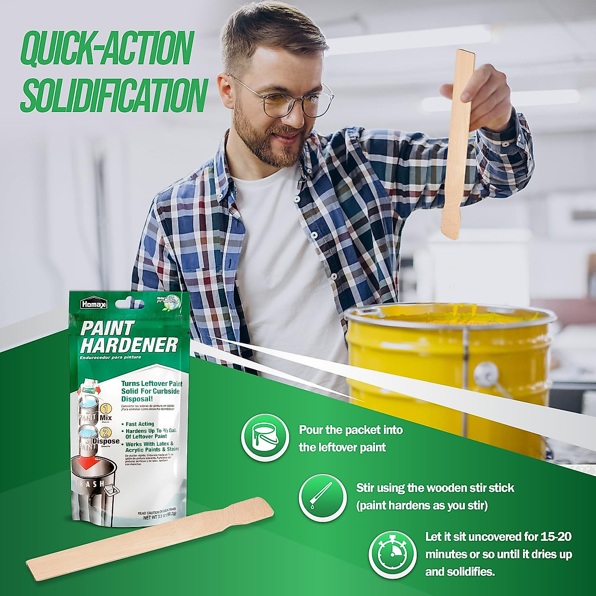 HOMESPHERE Homax Waste Away Paint Hardener, 12 Packs, 3.5oz – Fast Acting Paint Solidifier for Disposal - Paint Drying Powder for Acrylic & Latex Paint with 25 Pcs. of 14 Inch Wooden Stir Sticks