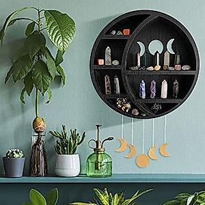 Ella & Emma Wooden Moon Shelf for Crystals - Crescent Moon Crystal Shelf, Crystal Storage & Wall Hanging Shelves for Bedroom Aesthetic, Moon Phase Wall Decor & Crystal Display Shelf, Pinewood, Black