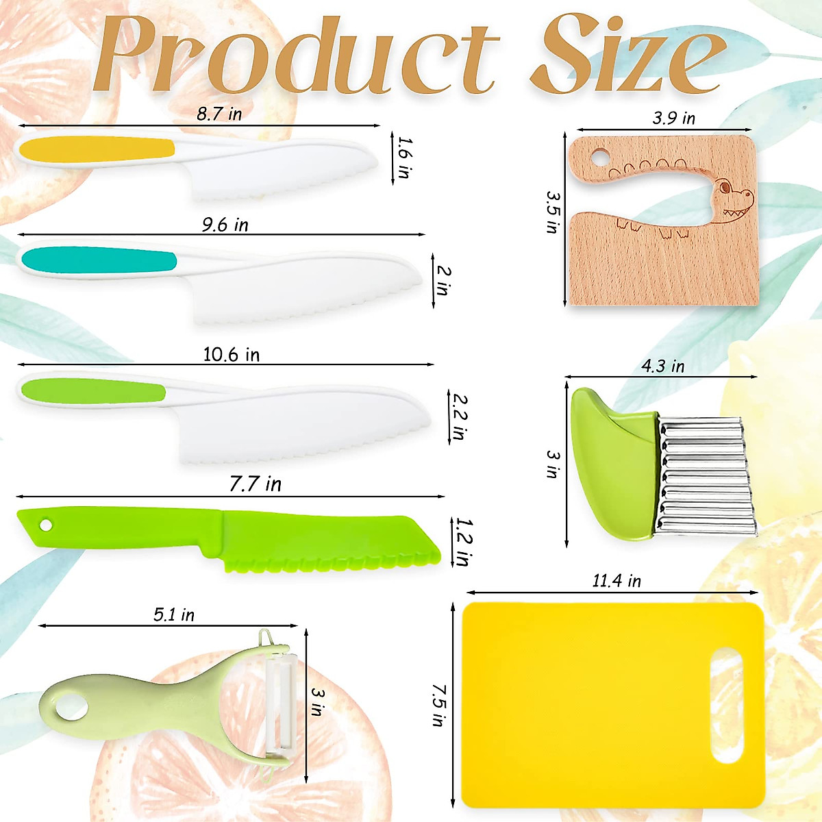 8 Pieces Wooden Kids Kitchen Knifes for Real Cooking Include Plastic Toddler Knife, Wood Kids Safe Knives, Potato Slicers, Serrated Edges Cooking Knife, Y Peeler, Cutting Board (Crocodile)