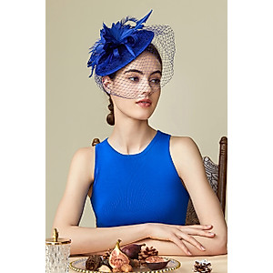 BABEYOND Fascinator Hat Veil Feather Fascinator Tea Party Kentucky Pillbox Derby Hat Bridal Wedding Party Royal Blue