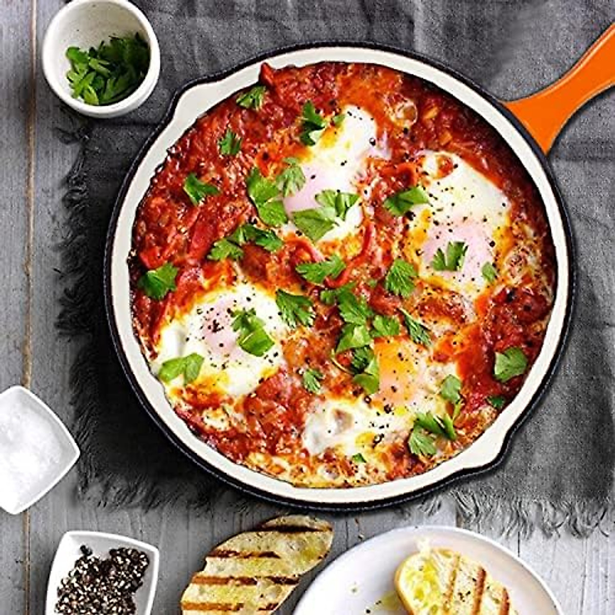 Healthy Choices Enameled Cast Iron Skillet, 8" Set of 6, Professional Cast Iron Pan, Orange & White Enameled Skillet, Oven Safe, Bake Cookies, Sauces, Desserts, BBQ, Dishwasher, Induction, Open Fire