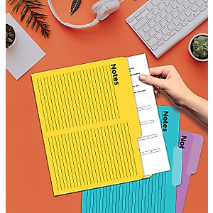 Lined File Folders, 24 Pack, Notes Tabbed File Folders, 1/3 Cut Tabs, 8 Vibrant Colors, Heavyweight, Letter Size Folders, 9.5" x 11.5", Left/Center/Right Set Per Color, by Better Office Products