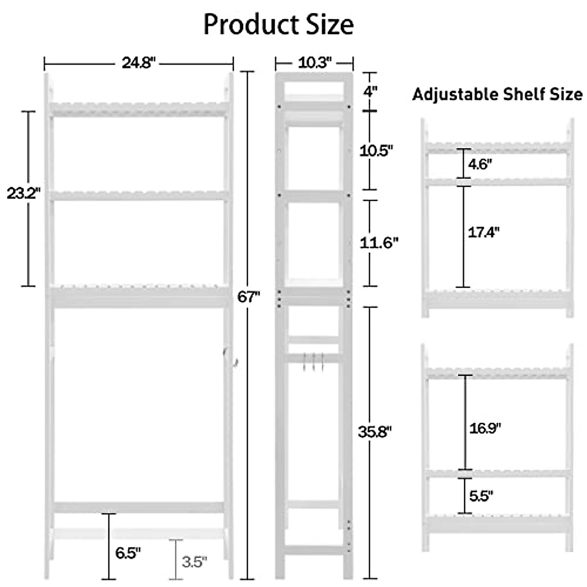 HITOMEN Over The Toilet Storage Cabinet, Bamboo Adjustable 3-Tier Above Toilet Shelf, Stable Freestanding Above Toilet Organizer with 3 Hooks for Bathroom Restroom Laundry Balcony, White 67" H