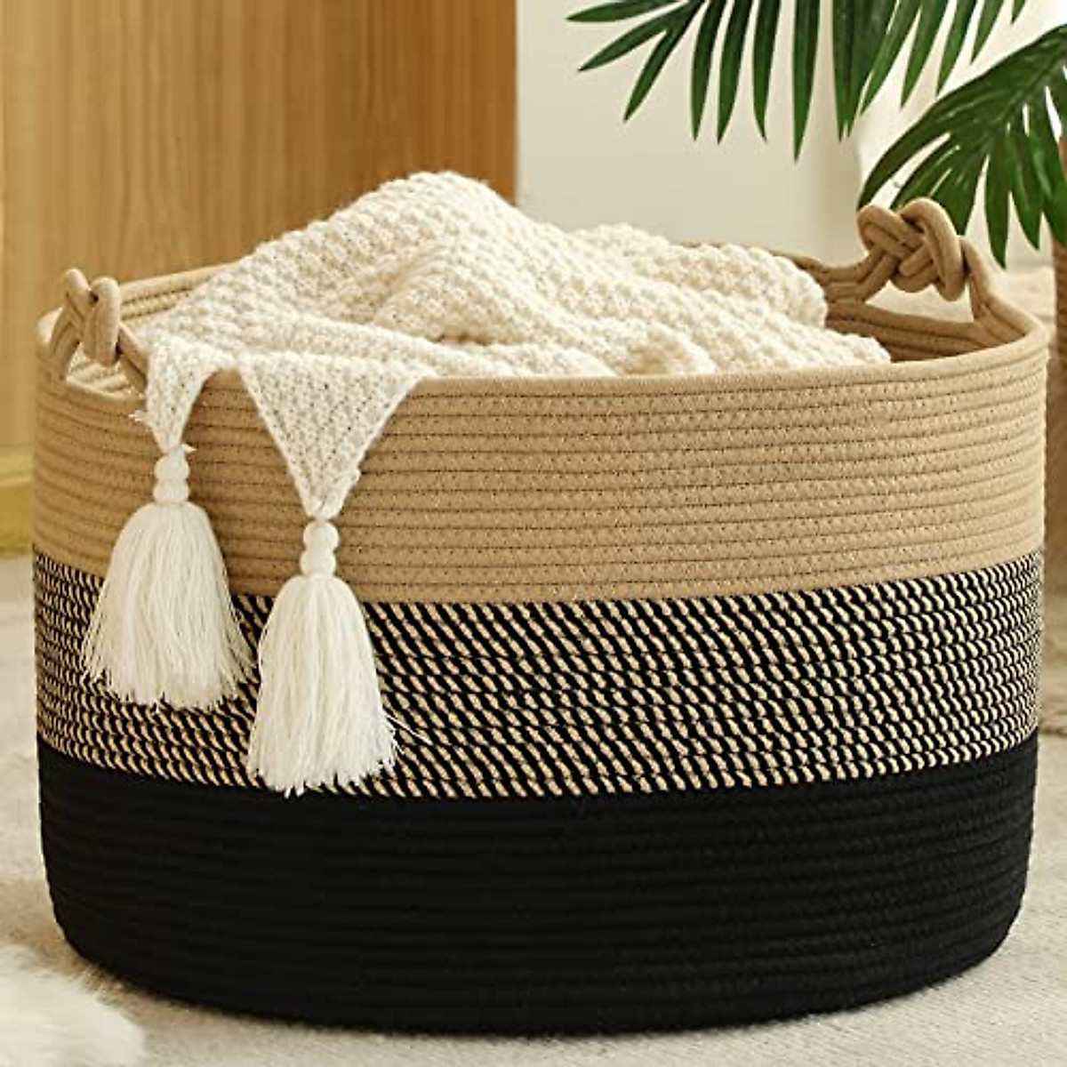 KAKAMAY Large Cotton Rope Blanket Basket (20"x13"),Woven Baby Laundry Hamper，Blanket Basket for Nursery, Laundry, Living Room, Pillows, Toys（Jute/Black）