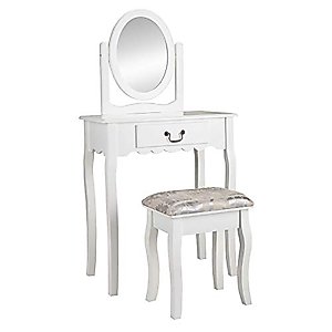 Vanity Set with 360° Rotating Mirror and Large Drawer, Modern Bedroom Makeup Dressing Table and Chair, for Girls Women, White