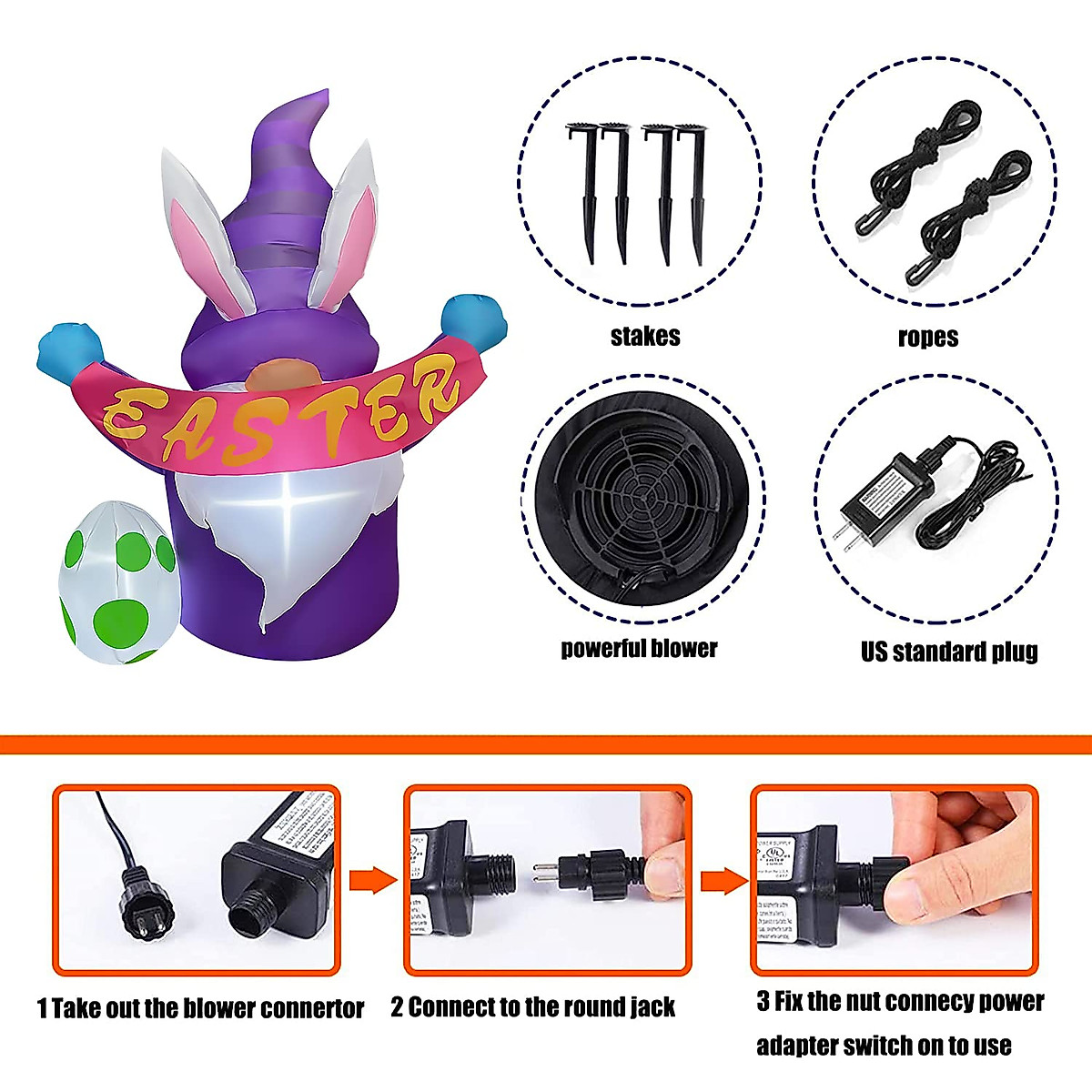 JOYEASE 4 Ft Inflatable Easter Gnome with Egg Decoration Build-in LED Blow Up Happy Easter for Home Yard Lawn Garden Indoor Outdoor