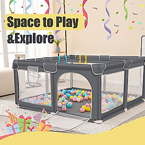 BRIAN & DANY Baby Playpen, Indoor & Outdoor Baby Play Yard with Gate, Sturdy Safety Play Fence with Basketball Frame, Ocean Balls, Pull Rings and Handbag (Grey, 50"x50")