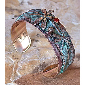 Elaine Coyne Dragonflies on Feather Wearable Art Cuff Bracelet - Semi-Precious Stones