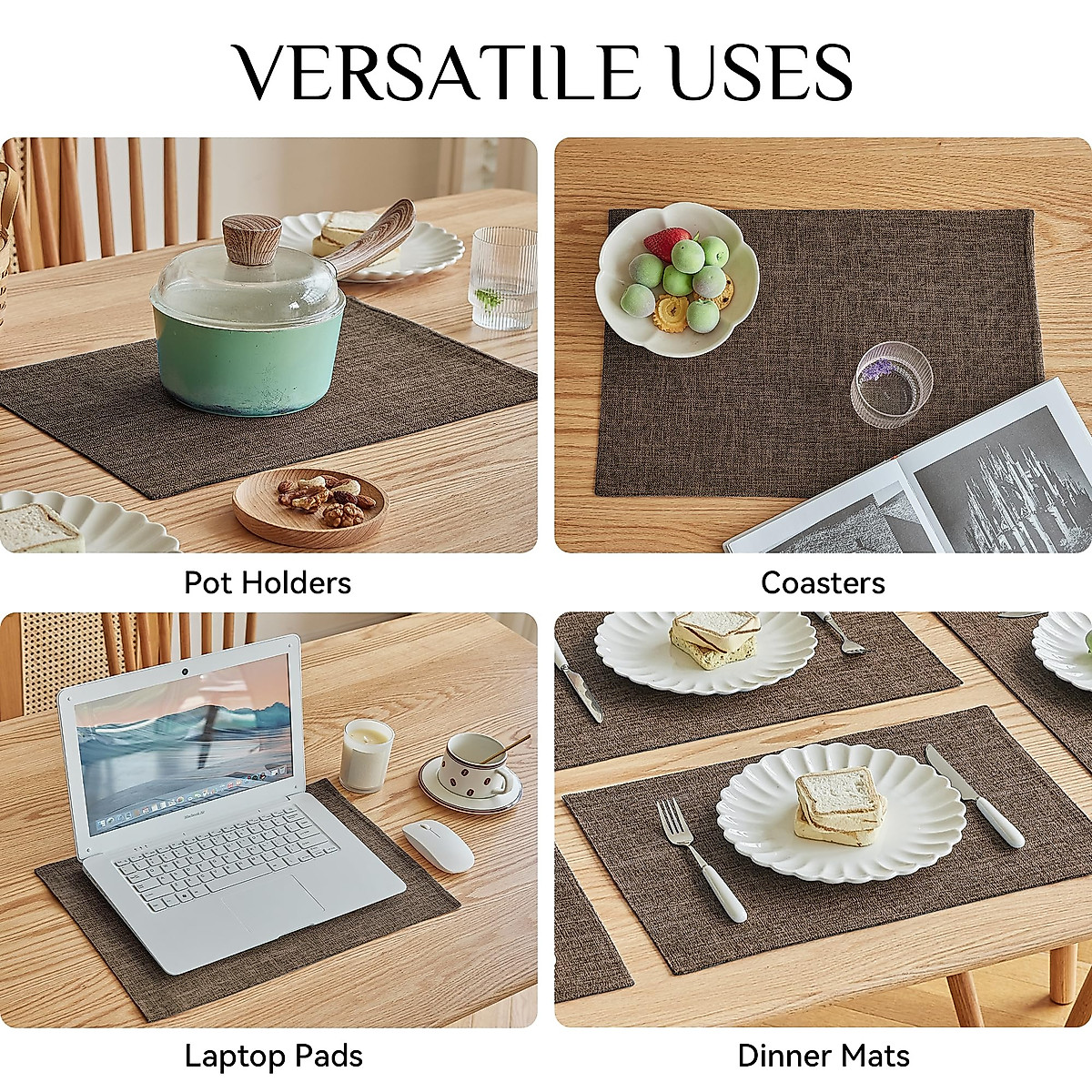 Softalker Faux Linen Placemats Set of 6-12 x 18 Inch, Heat Resistant Double Layered Durable Burlap Farmhouse Place Mats, Non-Slip Washable Rustic Table Mats for Dining, Kitchen, Party（Brown