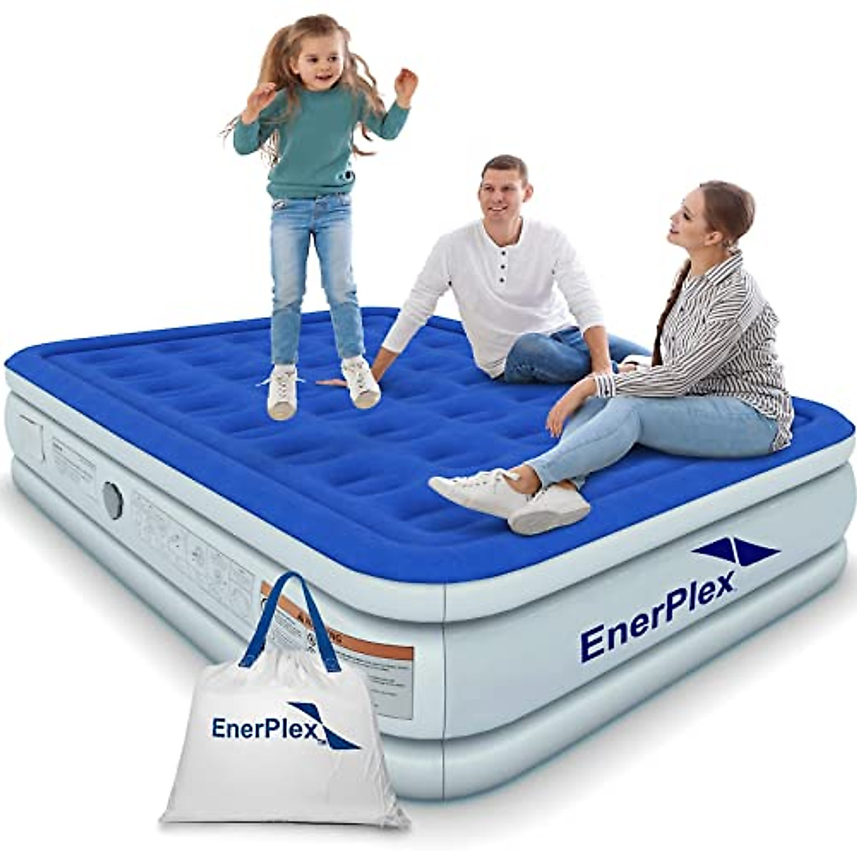EnerPlex Queen Air Mattress with Built-in Pump - 13 Inch Double Height Inflatable Mattress for Camping, Home & Portable Travel - Durable Blow Up Bed with Dual Pump - Easy to Inflate/Quick Set Up﻿