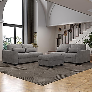Lonkwa Modern Grey 130'' L-Shape Linen Sofa, 4 Seat Sectional Couch with 4 Pillow, Storage Ottomans, Convertible Sofa Bed for Living Room