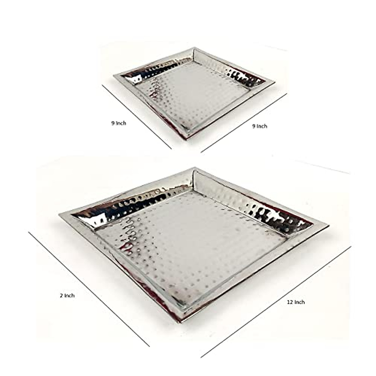 Hammered Copper Serving Tray and Platter, Stainless Steel Tray for Appetizer, Silver Serving Tray - Chrome Platters (Square)