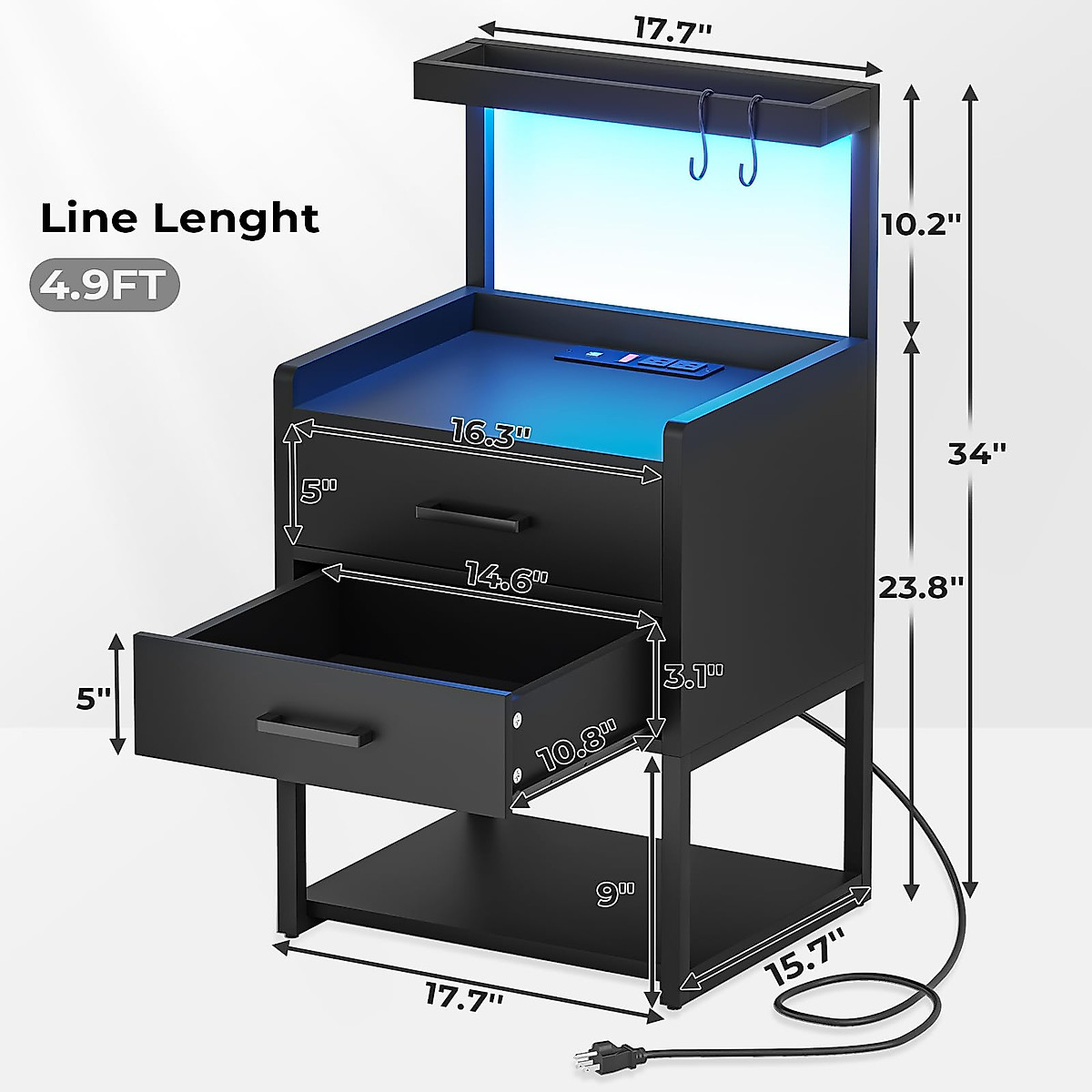 AOGLLATI Nightstand with LED Lights and Charging Station, 2 Drawers Bedroom Night Stand, 2 USB Ports, 2 Outlets, Bed Side Table with Storage Shelves, Black