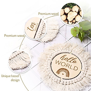 Whaline 13Pcs Baby Monthly Milestone Cards with Tassel Wooden Boho Baby Macrame Milestone Discs Newborn to 1 Year Hello World Baby Birth Announcement Sign for Baby Shower Photo Props