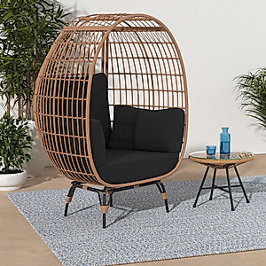 OTSUN Oversized Wicker Egg Chair: Outdoor Indoor Lounger with 4 Cushions, 440lb Capacity, Egg Basket Chair for Living Room, Backyard, Balcony, Patio, Black