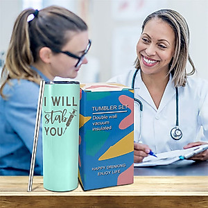 Nurse Gifts For Women Nurse Practitioner Retirement Gifts 20oz Funny Green Skinny Wine Tumbler Nurse Graduation Christmas Presents Bulk For School Student I Will Stab You Travel Cup With Straw