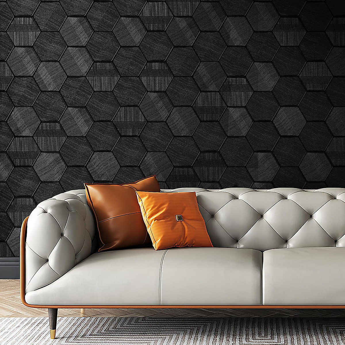 Simon&Siff Black Textured Wallpaper 3D Embossed Hexagon Wallpaper Non Woven Traditional Non-Pasted Wallpaper for Bedroom Bathroom 17.3in x 26.2ft