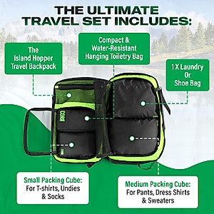 COR Surf Carry On Travel Backpack Bundle | Island Hopper Travel Backpack with Toiletry Bag and Compression Packing Cube Set (38L, Black)