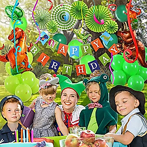 GoGoGoodie Dinosaur Party Decorations-Three Rex Jurassic World Park Themed Birthday Decorations Green Balloons Arch Garland Kit Dino Foil Balloons HAPPY BIRTHDAY Banner Paper Fan Curtains for Boys