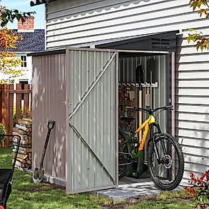 Aoxun 6' x 4' Storage Shed Lean to Storage Shed, Outdoor Metal Wall Side Storage Sheds, Outdoor Storage Cabinet for Patio, Garden, Lawn (Brown)