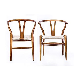 Polynices Wishbone Chair, Weave Modern Solid Wood Mid-Century Y Shaped Backrest Dining Chair Set of 2 (Chestnut)