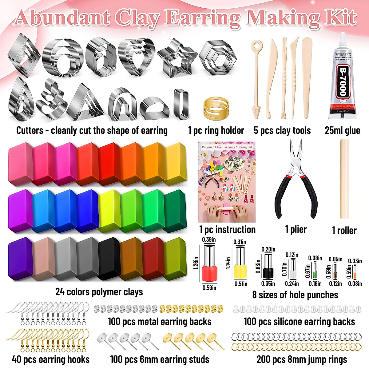 Polymer Clay Earring Making Kit- 30 Clay Earring Cutters, 24 Color Polymer Clay, 8 Circle Cutters, Rollers, B7000 Glue, 640 PCS Earring Making Tools Accessories for Jewelry DIY (Instructions Include)