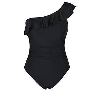 Hilor Women's One Piece One Shoulder Swimsuits Tummy Control Swimwear Asymmetric Ruffle Bathing Suits Black US14