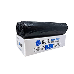 Reli. SuperValue 65 Gallon Trash Bags | 60 Count | Made in USA | Heavy Duty | Black Multi-Use Garbage Bags