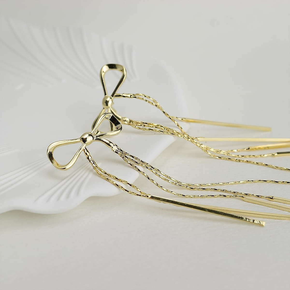 Agriajun Long Gold Bow Tassel Drop Dangle Earrings for Women- Dainty Metal Chain Dangling Shiny Bar Earring Statement Fringe Waterfall Wedding Bridesmaid Prom Jewelry Mother Gifts