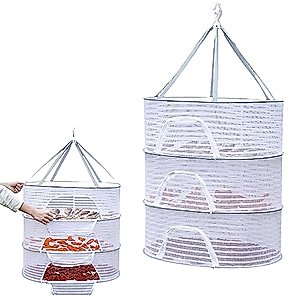 KASCLINO Herb Drying Rack 3 Layer Hanging Mesh Net, Foldable Herb Dryer Hanging Rack with Zipper, for Buds, Fruits, Hydroponics Flowers, Vegetables, Fish, Clothes, Doll(White)