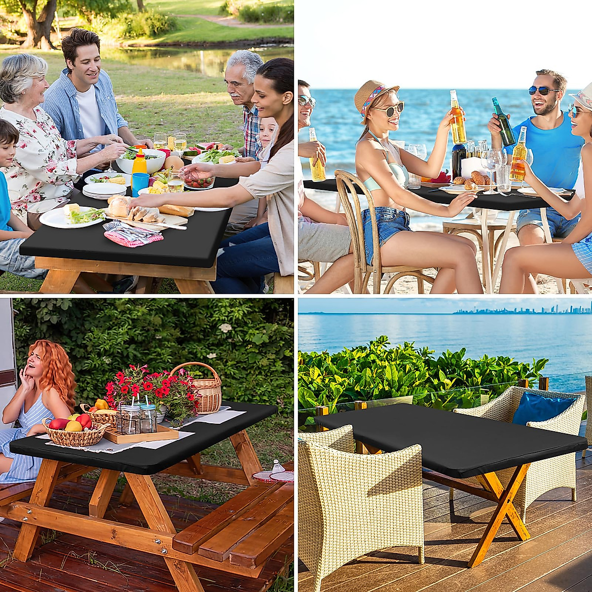 homing 2 Pack Rectangle Table Cloth, Waterproof Polyester Elastic Fitted Tablecloth Fits for 6 Foot Folding Tables, Washable Table Protector for Picnic, Camping, Outdoor, Black