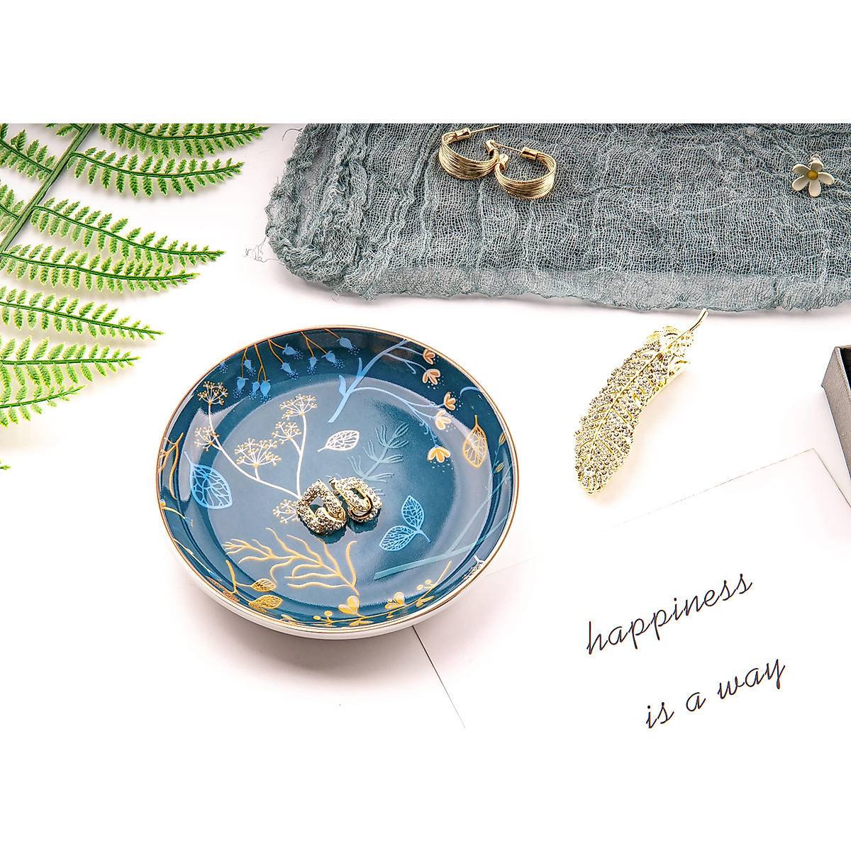 Goporcelain Jewelry Ring Dish Tray Boho Ceramic Decorative Trinket Dish Organizer for Rings Earrings Necklaces Bracelet Watch Keys Plate Small Round Ring Holder Gift for Women Engagement