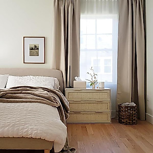 HOPUBUY Large Nightstand Set of 2 with Rattan Drawer, Modern 3 Drawer Night Stand for Bedroom, Wooden Bedside Table for Queen Size and King Size Bed,Oak