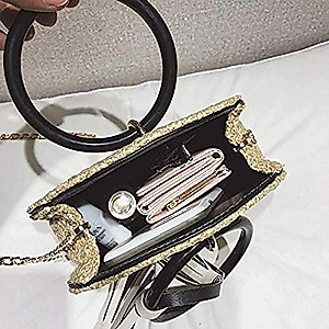 WPYYI Straw Handbags Women Handwoven Round Straw Bags Natural Chic Beach Tote Woven Shoulder Bag (Color : Black)