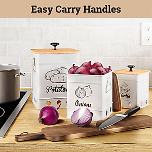 Potato Onion Garlic Storage Set of 3 Ventilated Iron Canisters with Bamboo Lids - Potato and Onion Storage Bin for Pantry - Kitchen Vegetable Storage Containers - Cute Metal Vegetable Bin Set of 3