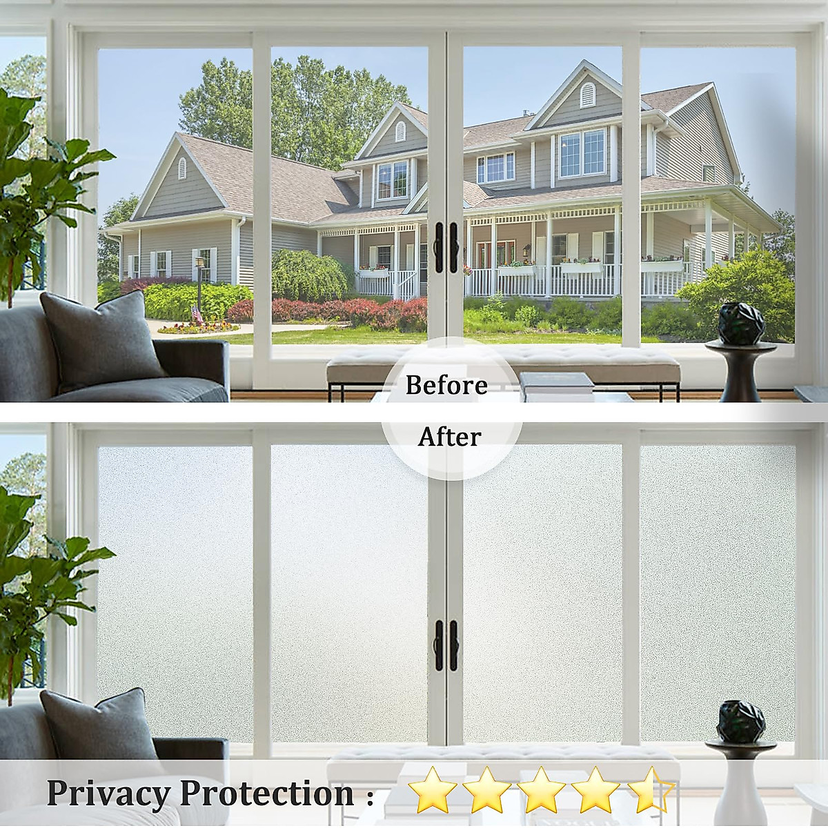 Window Film Frosted Glass Window Privacy Film No Glue Bathroom Window Privacy Film Static Cling Non-Adhesive Sun Blocking Heat Resistant Nighttime Privacy Covering Light Filtering