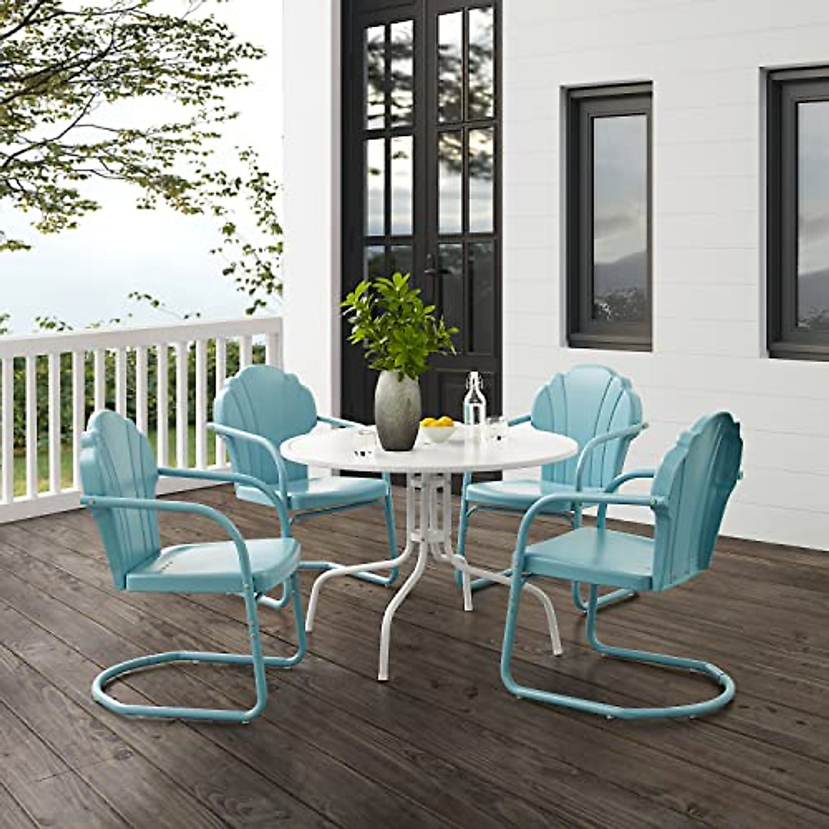 Crosley Furniture Tulip 5-Piece Outdoor Dining Set for 4, Retro Metal Round Patio Table and Chairs for Deck, Pastel Blue Satin