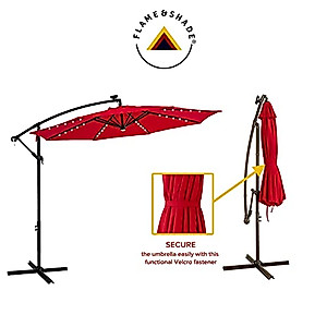 FLAME&SHADE 10 ft Cantilever Offset Solar Powered Outdoor Patio Umbrella with LED Lights and Cross Base Stand, Red