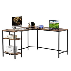L Shaped Desk,Corner Computer Desk with 2 Removable Shelf,Sturdy Wood & Steel Home Office Table,Writing Desk,Larger Writing Workstation for Small Spaces, Black/Brown
