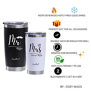 Coffee Tumbler Set 20OzDoubleWall, Travel Insulated Coffee/Tea Thermos, Long-Lasting Hot/Cold Beverages, Couple Gift for anniversary, valentine, birthday surprise- B&W