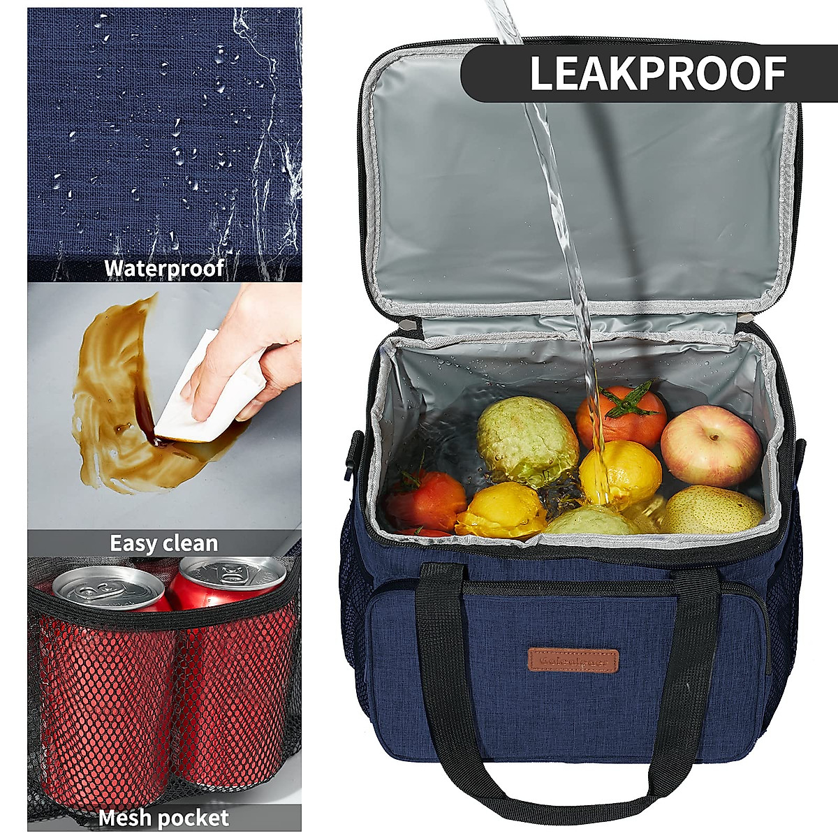 goiealeaes Insulated Lunch Bag for Women/Men, Blue, Reusable, Durable, Leakproof, Waterproof, Adjustable Shoulder Strap, 10" x 6.7" x 8"