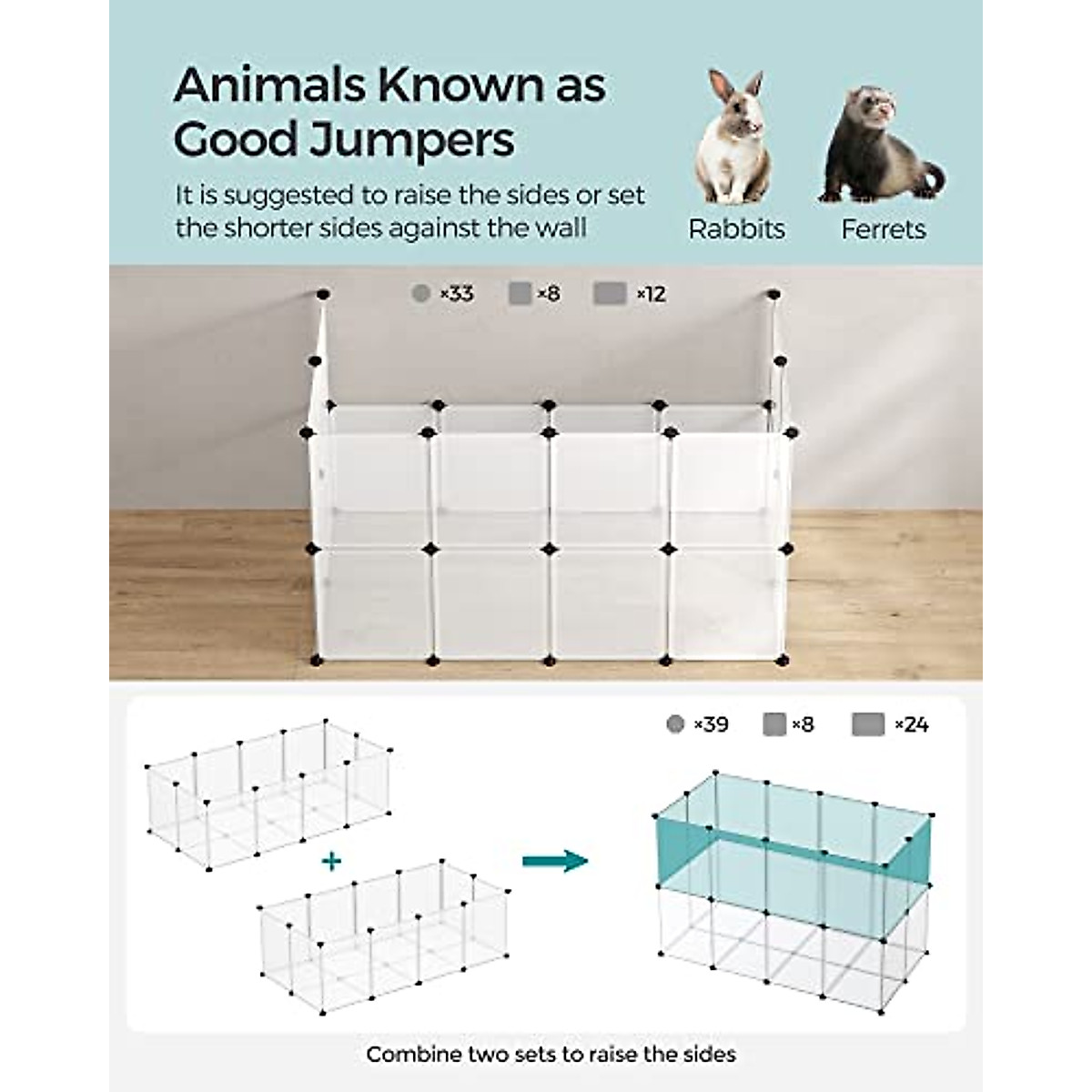 SONGMICS Pet Playpen with Floor, Small Animal Pen, Pet Fence Indoor, DIY Plastic Enclosure for Hamsters, Rabbits, Hedgehogs, Ferrets, 56.3 x 28.7 x 18.1 Inches, White ULPC02W